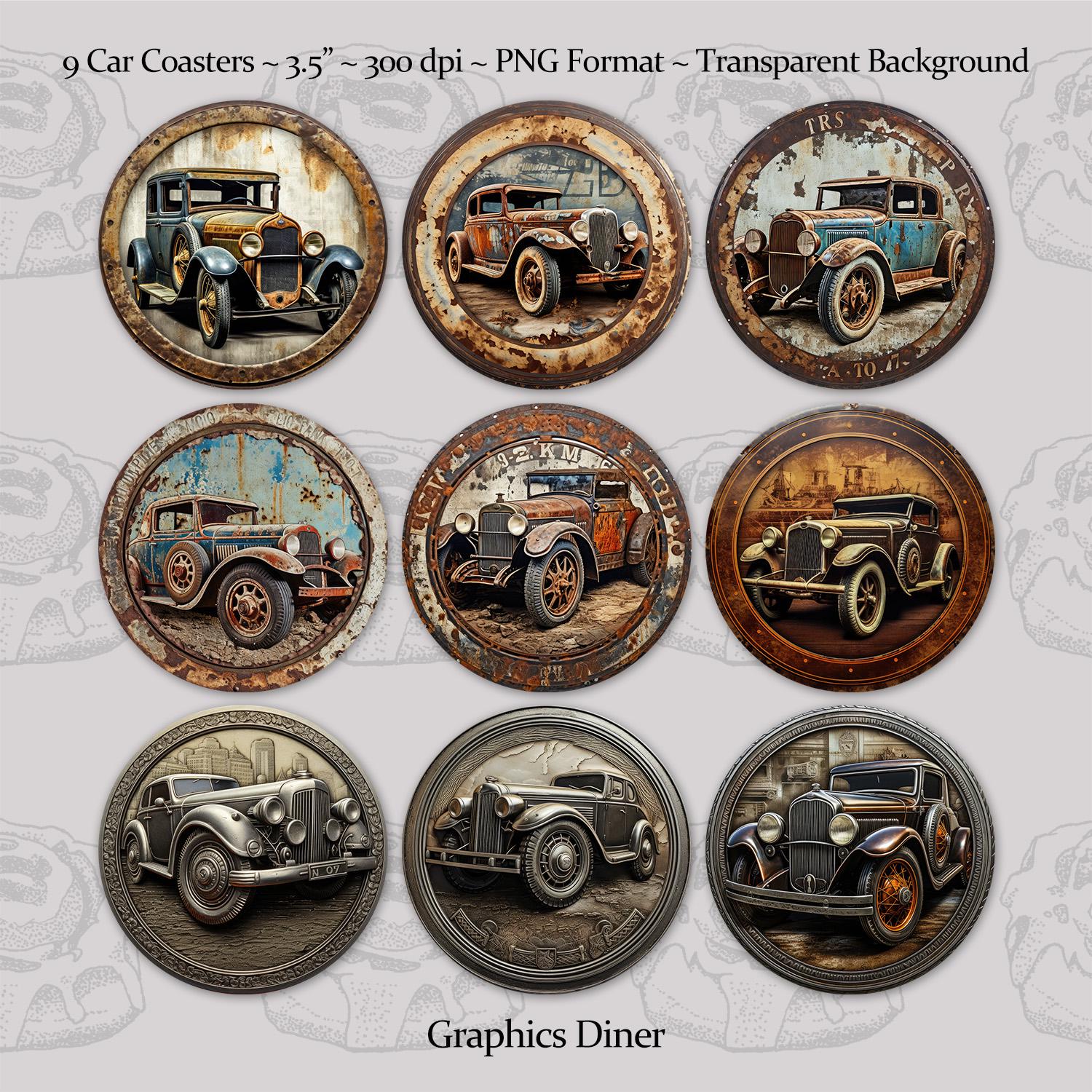 Metal Classic Cars Car Coaster Sublimation PNG Designs Faux Metal Coins ...
