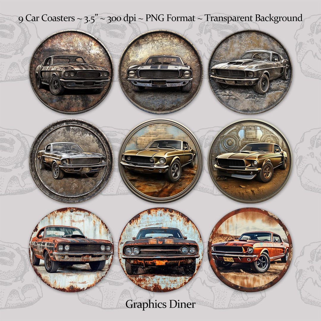Metal Muscle Cars Set 2 Car Coaster Sublimation PNG Designs Faux Metal ...