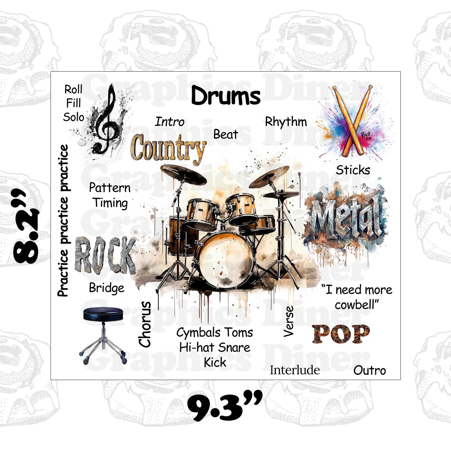 Drums Collage Tumbler Wrap Sublimation Design (9.3x8.2 Inches) (digital ...