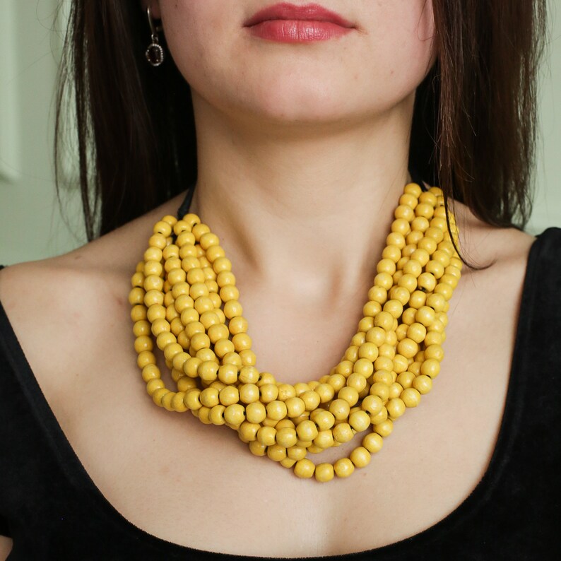 Yellow Wooden Beaded Layered Necklace. - Etsy