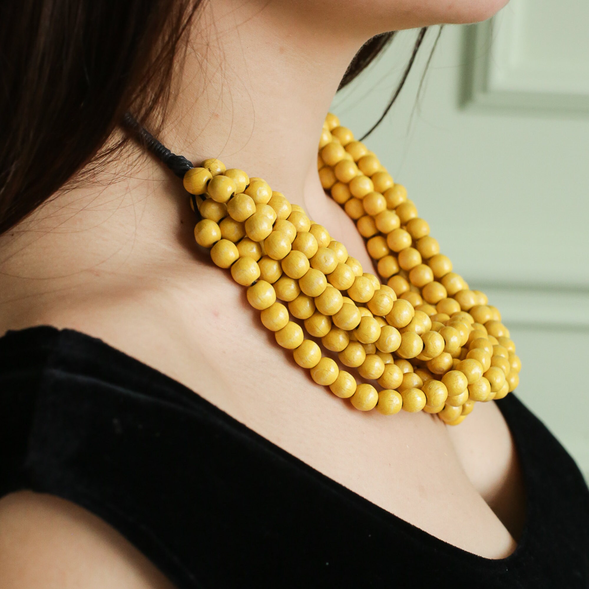 Yellow wooden beaded layered necklace | Etsy