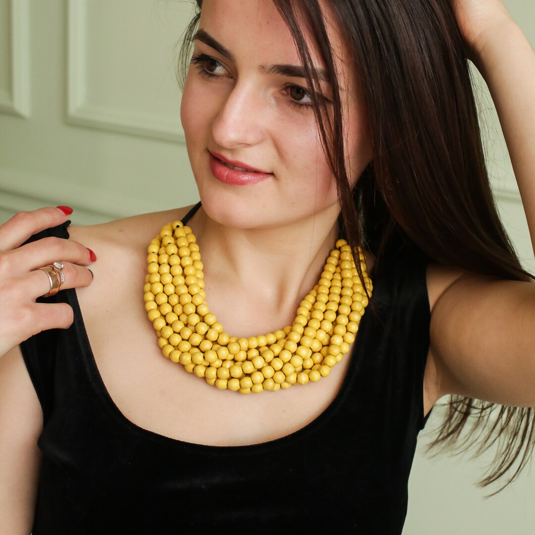Yellow Wooden Beaded Layered Necklace. - Etsy