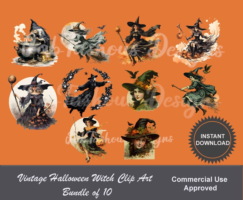 Vintage Halloween Witch Clip Art Bundle of 10, Commercial Use OK, Print ...
