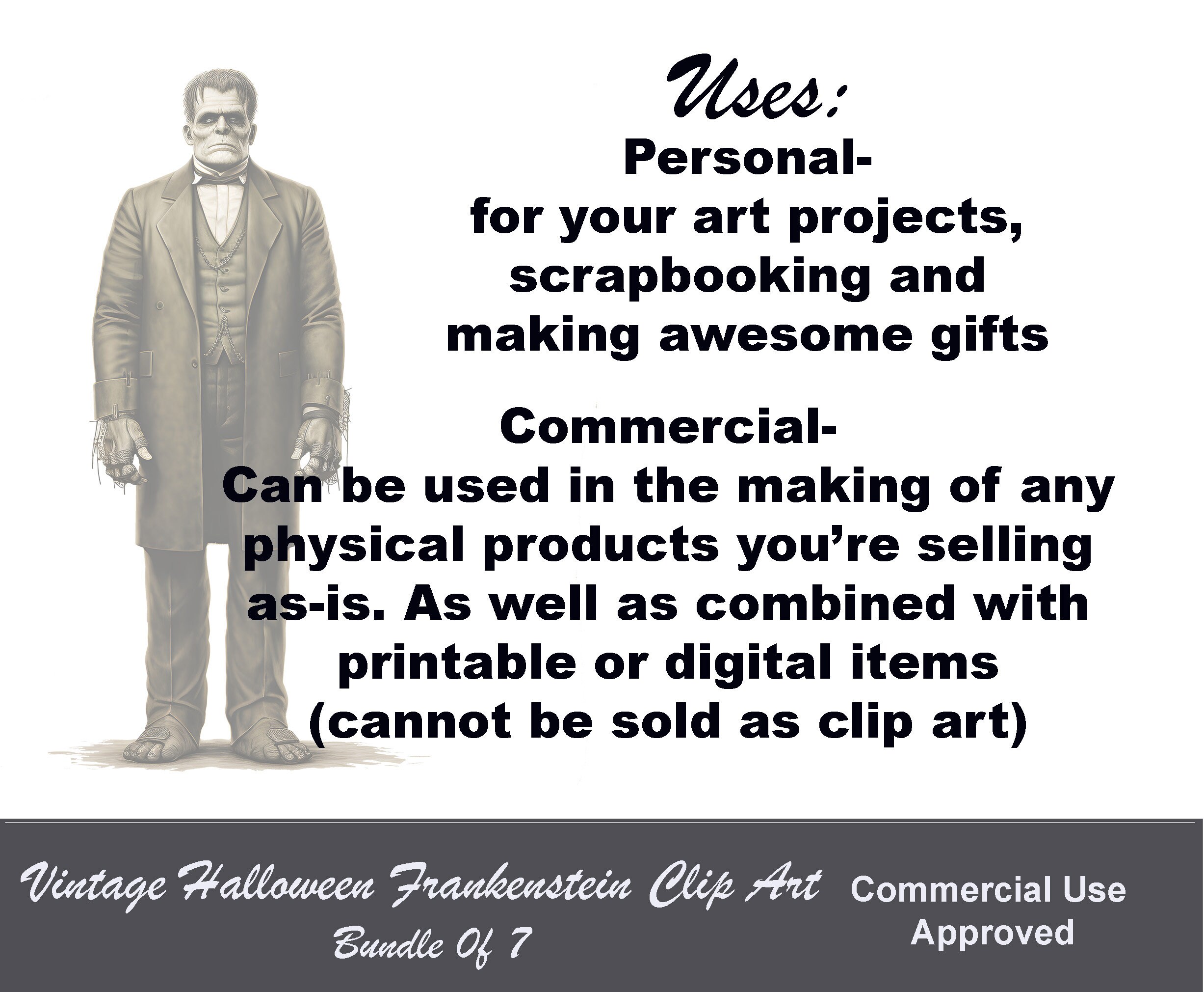 Vintage Halloween Frankenstein Clip Art Bundle of 7, Commercial Use OK ...
