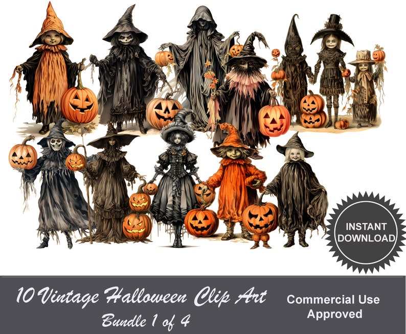 Vintage Halloween Clip Art Bundle of 10, Commercial Use OK, Print on ...
