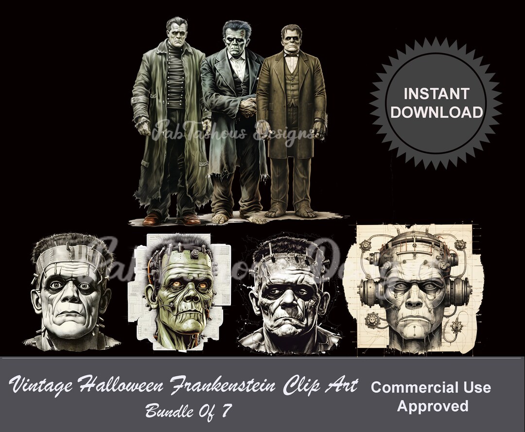 Vintage Halloween Frankenstein Clip Art Bundle of 7, Commercial Use OK ...
