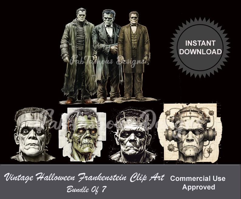 Vintage Halloween Frankenstein Clip Art Bundle of 7, Commercial Use OK ...