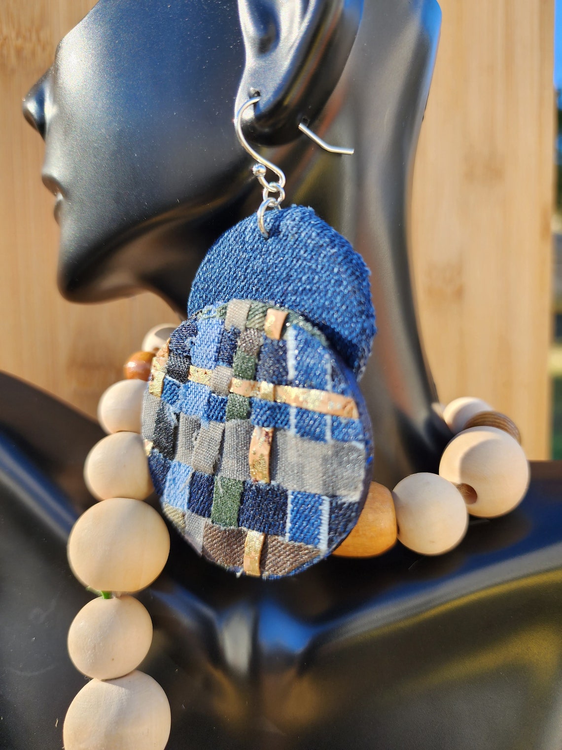 Woven Round Denim Earrings, Distressed Denim Earrings, Upcycled Denim ...