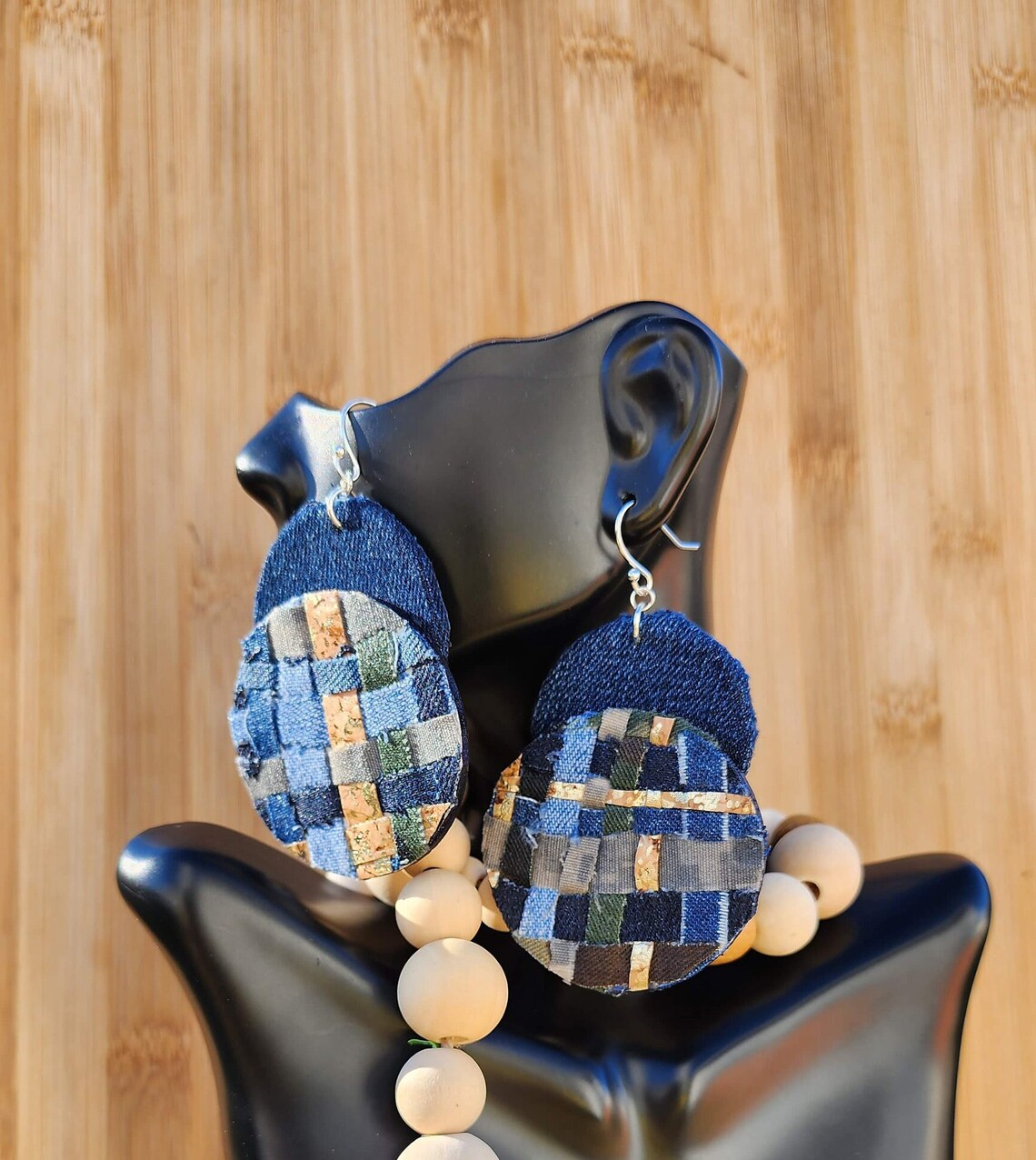 Woven Round Denim Earrings, Distressed Denim Earrings, Upcycled Denim ...