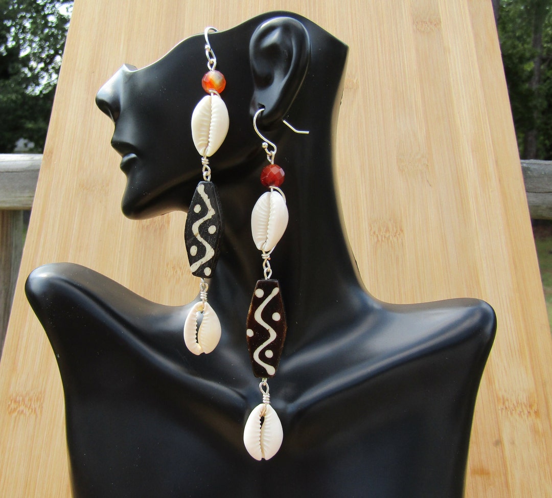 Double Cowrie Shell Earrings Dangling Cowrie Shell Earrings African ...