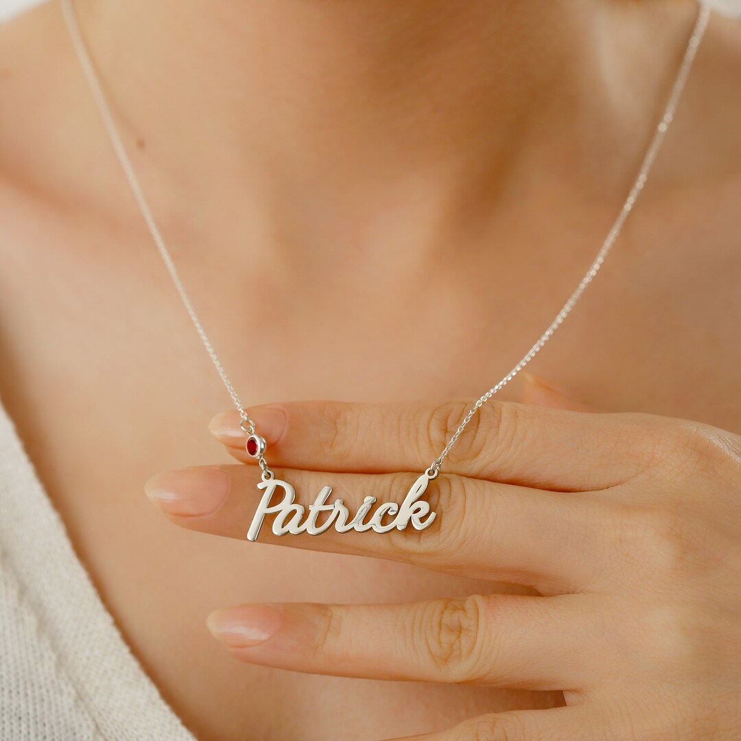 Birthstone Necklace, Name Necklace Silver, Birthday Gift, Dainty Name ...
