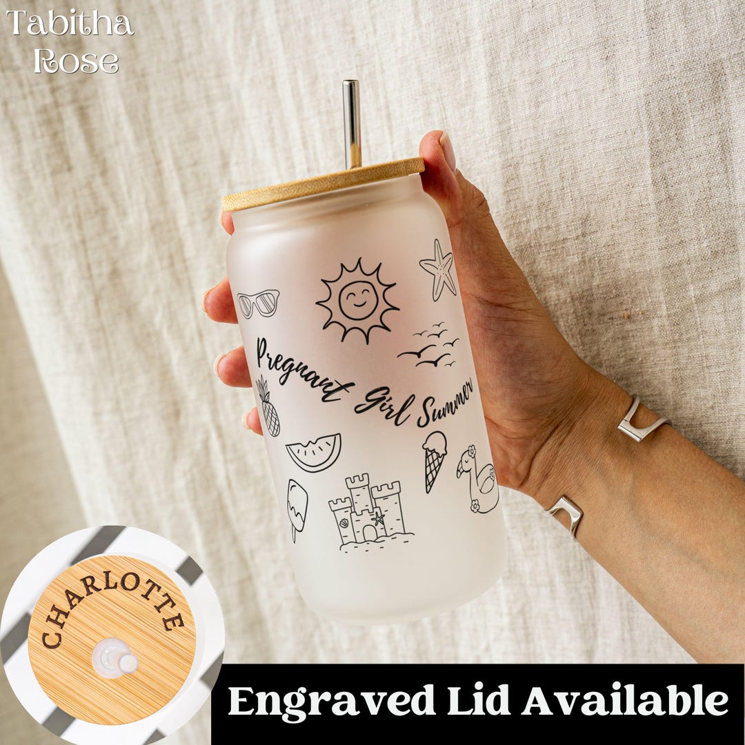 Pregnant Girl Summer Iced Coffee Glass With Lid and Straw, First Time ...