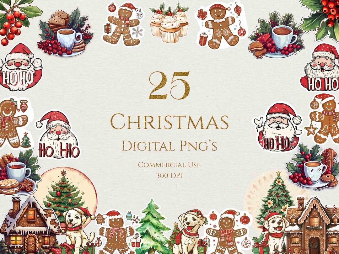Cute Watercolor Christmas Clipart PNG Bundle, Painted Watercolor ...
