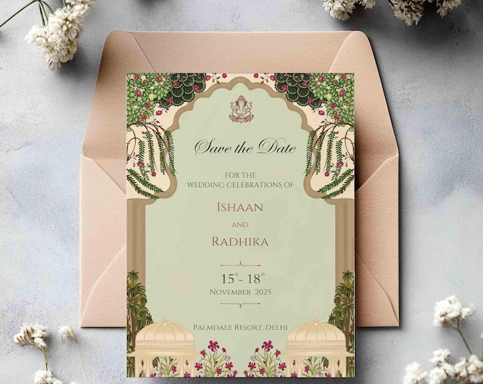 Hindu Mughal Palace and Amaravati Trees Wedding Invitation, Calender ...