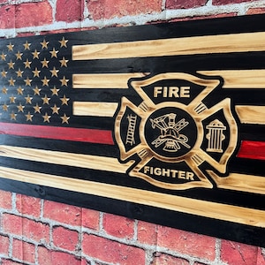 Thin Red Line Firefighter Wooden Flag, Firefighter Wall Art ...