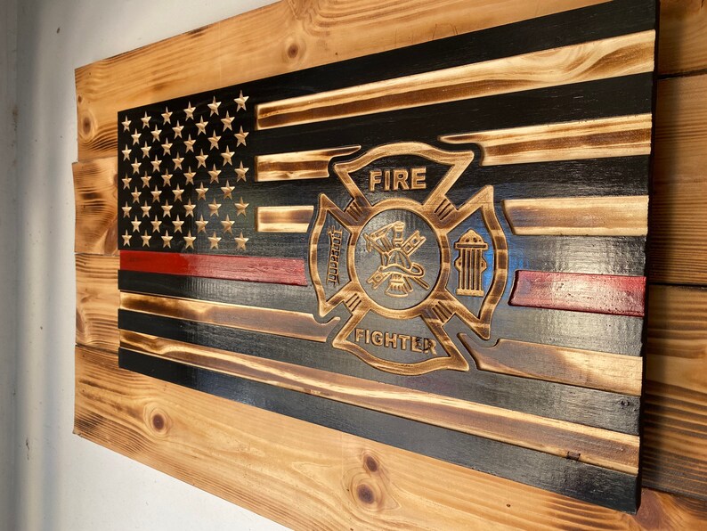 Thin Red Line Firefighter Wooden Flag, Firefighter Wall Art ...