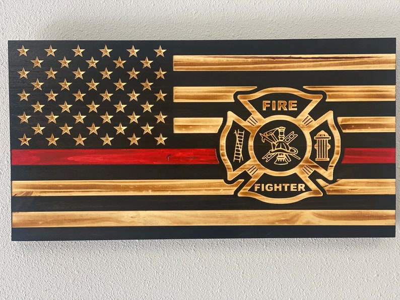 Thin Red Line Firefighter Wooden Flag, Firefighter Wall Art ...