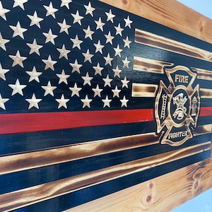 Rustic Thin Red Line Fire Fighter Wooden Flag - Etsy