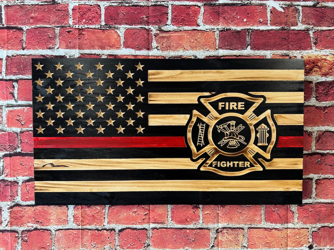 Rustic Thin Red Line Fire Fighter Wooden Flag - Etsy