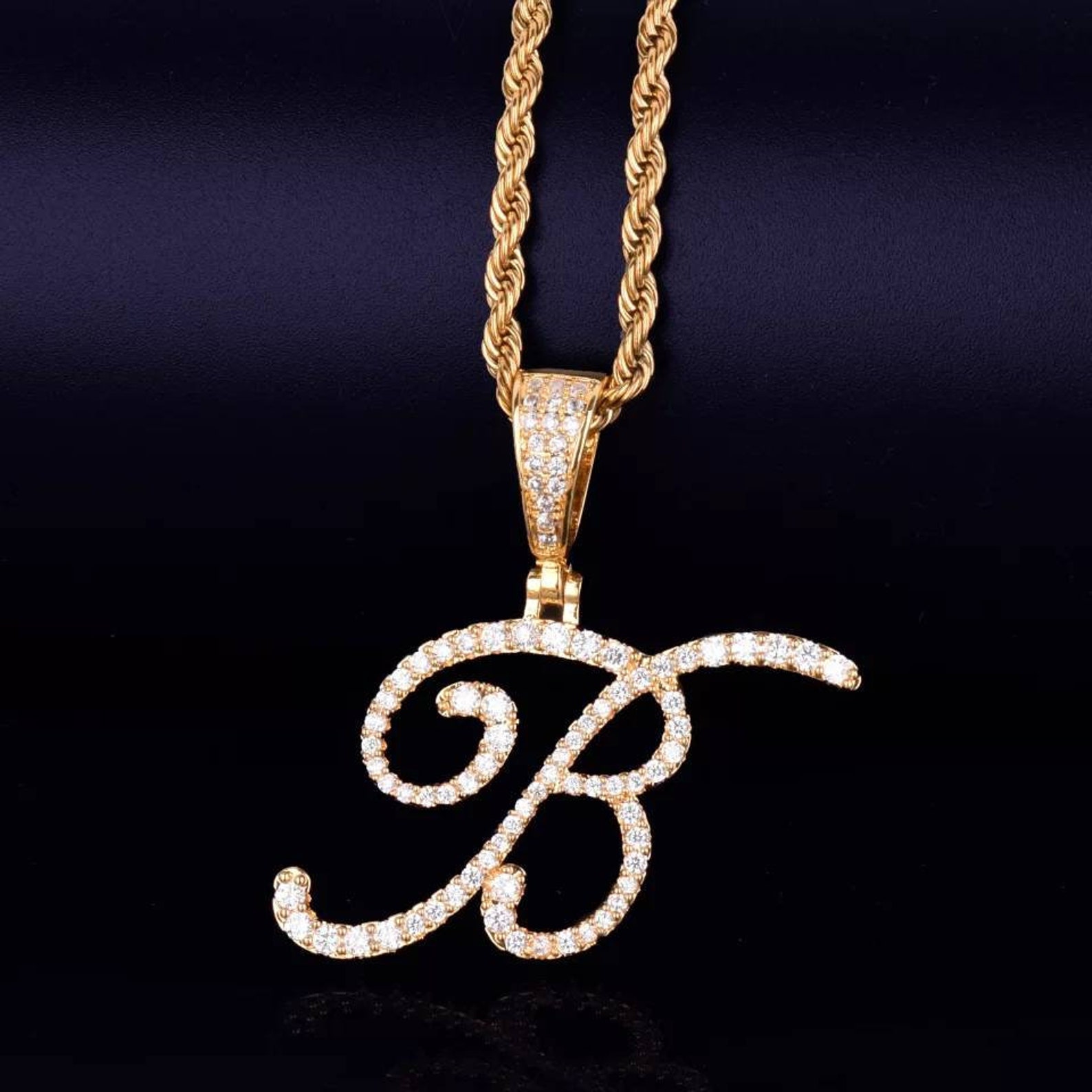 Cursive Large Initial Pendant Necklace Women Cubic Zirconia - Etsy