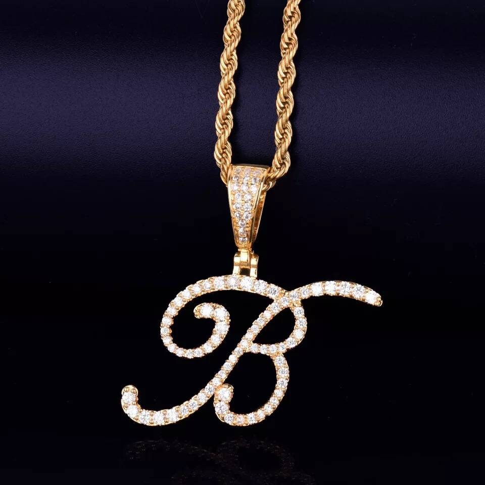 Cursive Large Initial Pendant Necklace Women Cubic Zirconia - Etsy
