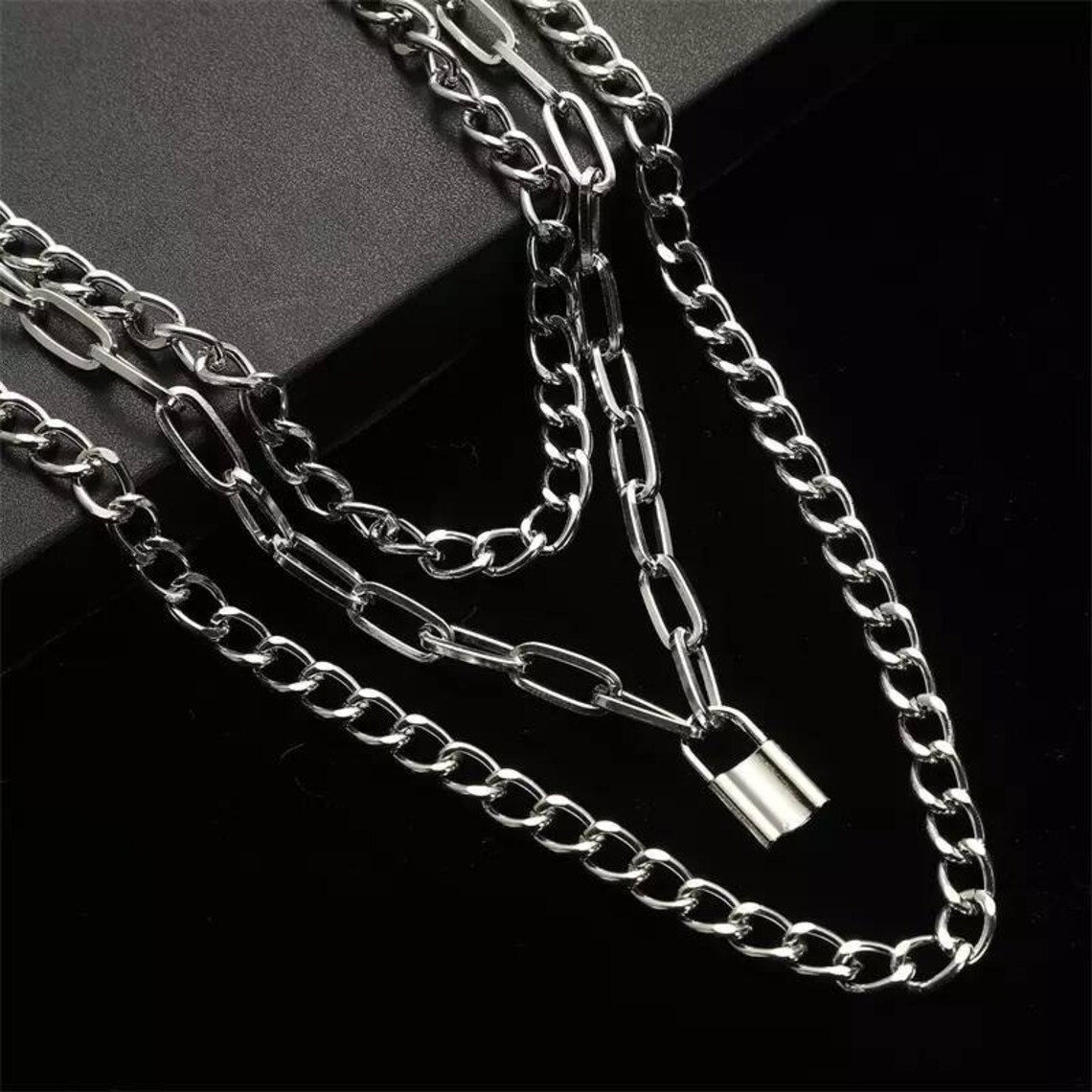 Layered punk chain necklace lock pendant necklace women men 3 | Etsy