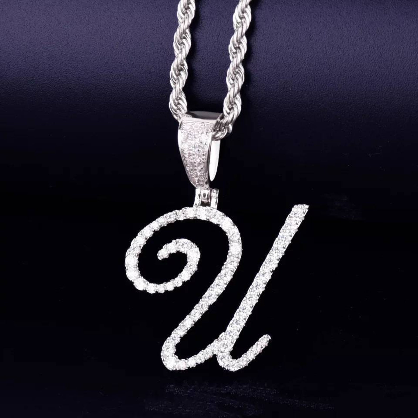 Cursive Large Initial Pendant Necklace Women Cubic Zirconia - Etsy