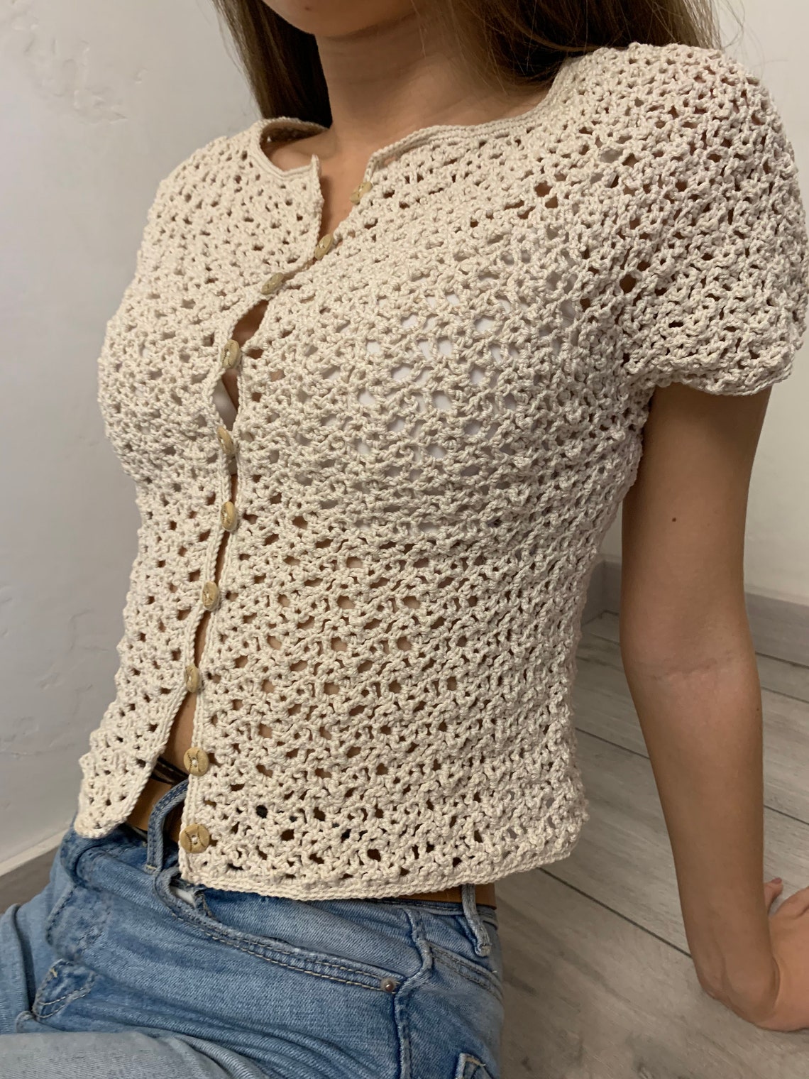 Crochet Summer Girl Blouse With Short Sleeve Women White Top Ecru ...