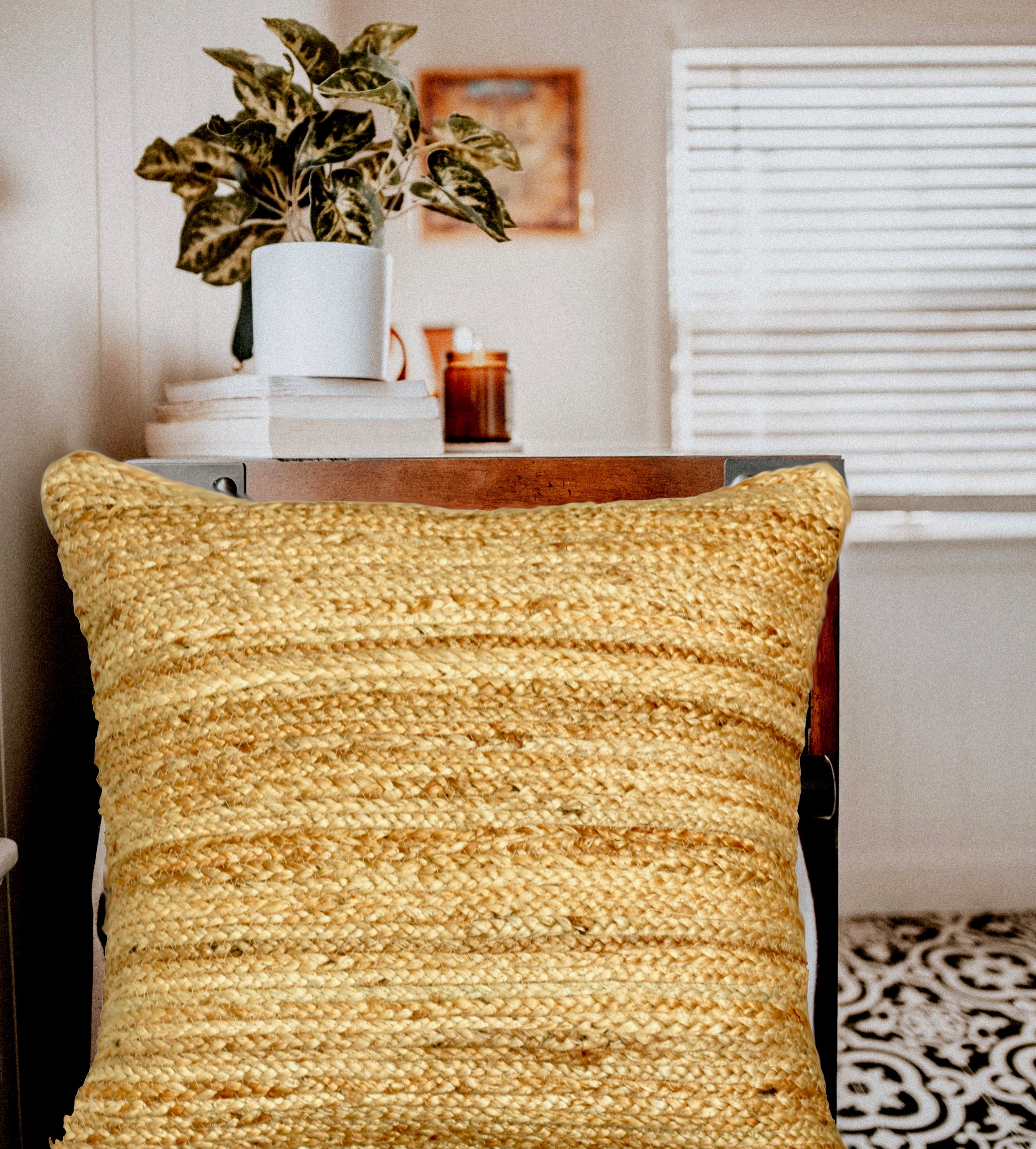 Large Mustard Yellow Boho Cushion Braided Jute Handwoven | Etsy
