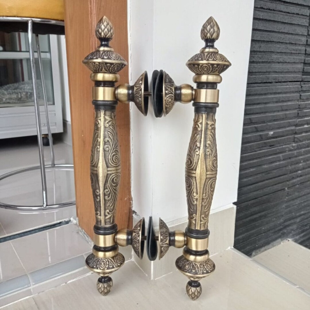 18 Inches Pair of Vintage Main Entry Door Pull Handle Oval Carved ...