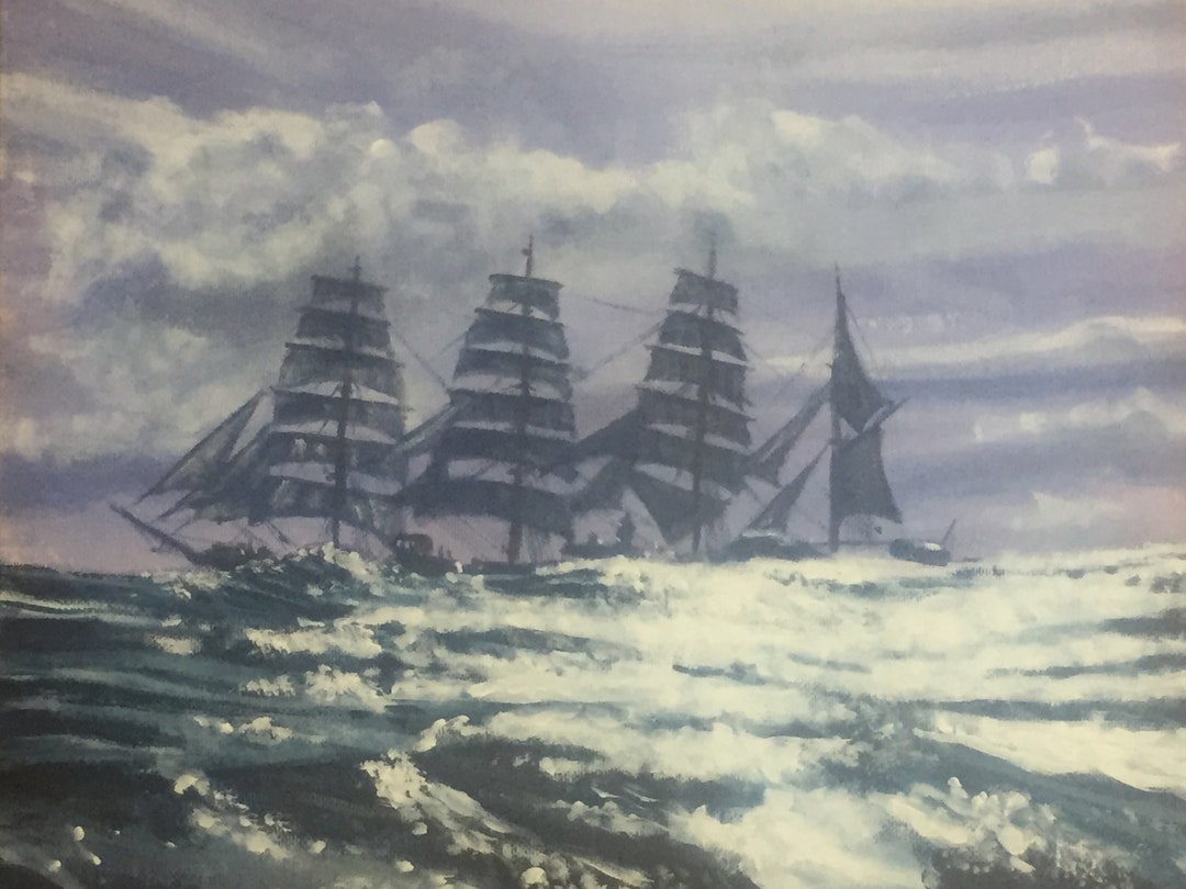 Four Masted Barque in Heavy Swell. Classic Ships. Age of Sail. Original ...