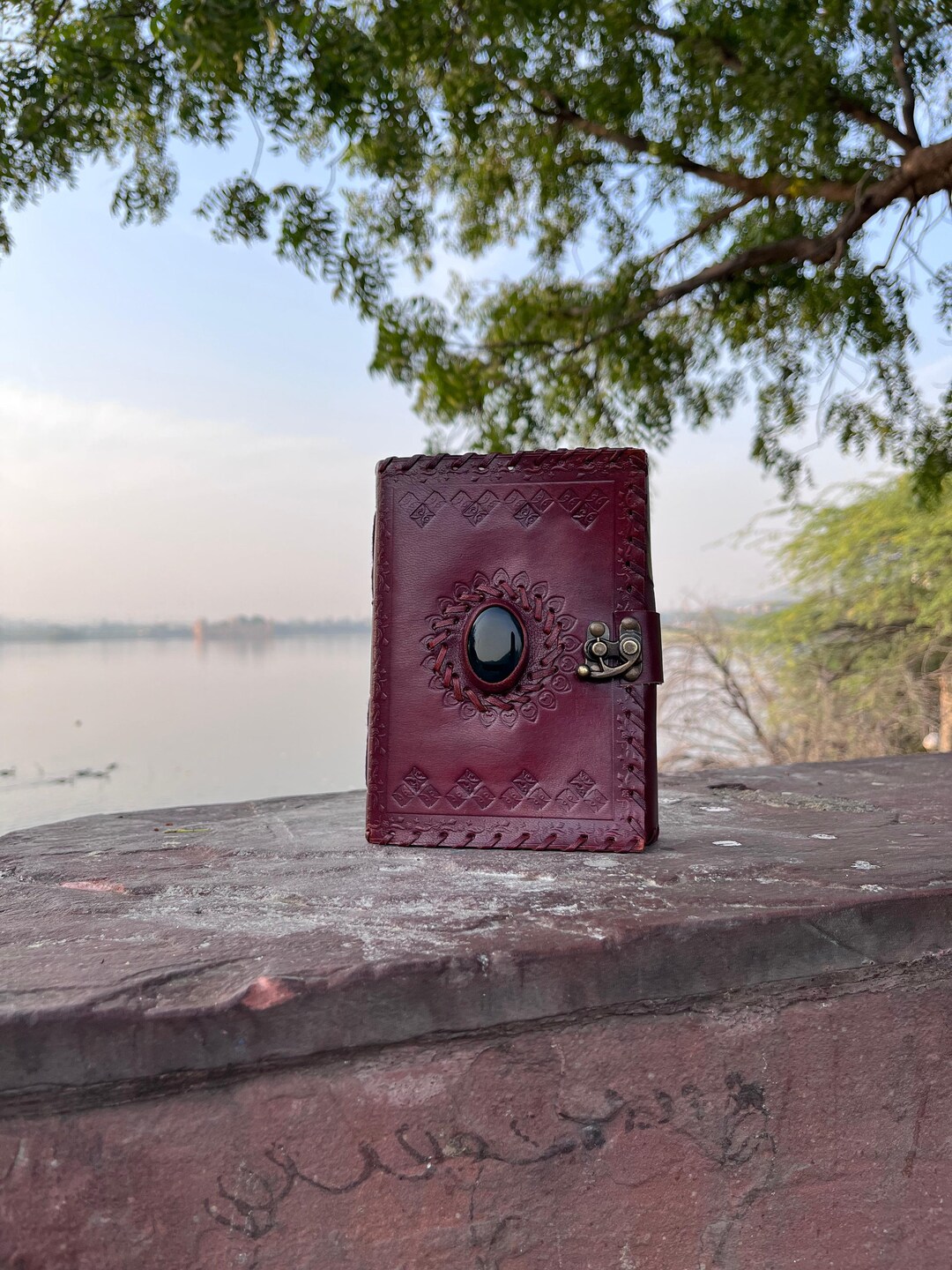 Maroon Leather Journal: Stitched Diary With Stone, Brass Lock - Etsy
