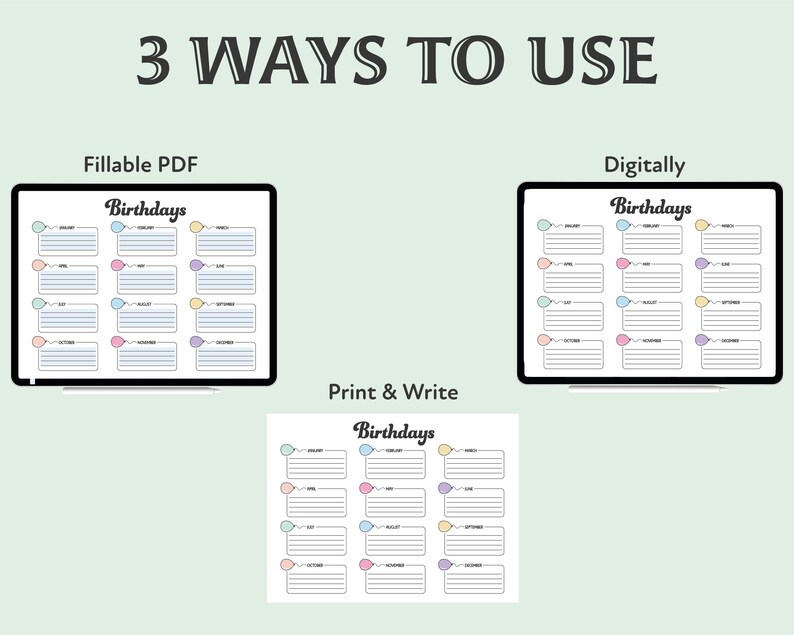 Editable Birthday Tracker Printable: Birthday Chart (digital Download ...