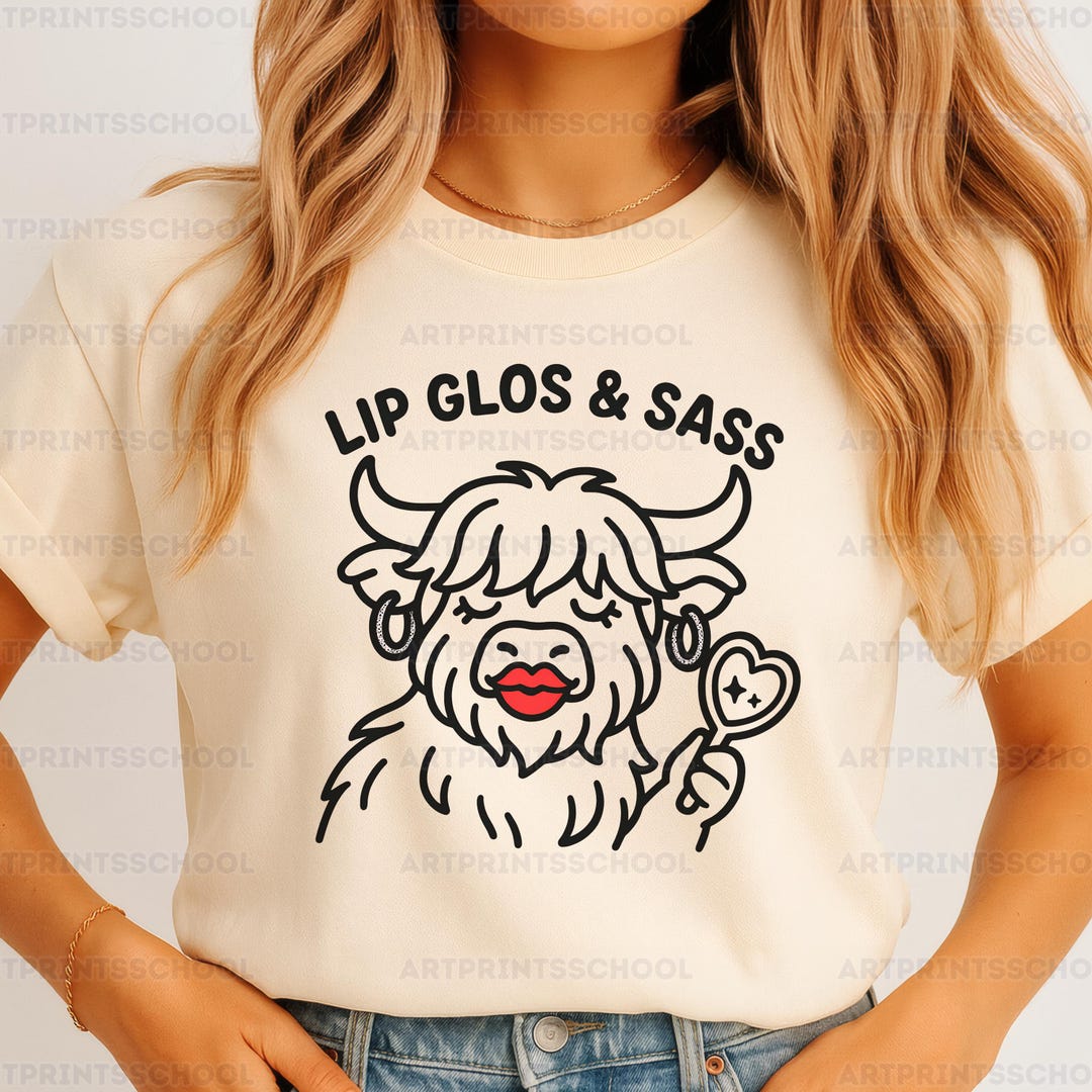 Glam Highland Cow PNG: Lip Gloss & Sass, Girly Sublimation (digital ...