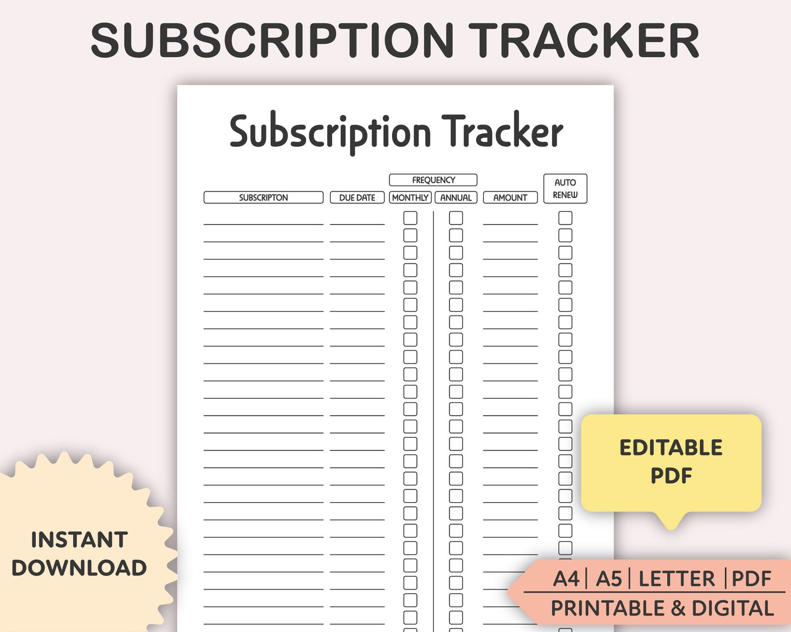 Editable Subscription Tracker Printable: Expense & Budget Template (PDF ...