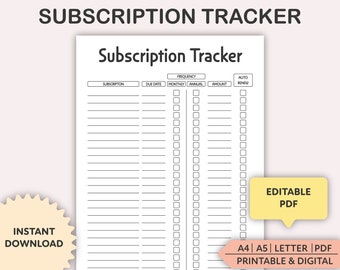 Subscription Tracker Printable, Membership Checklist, Expense Tracker ...