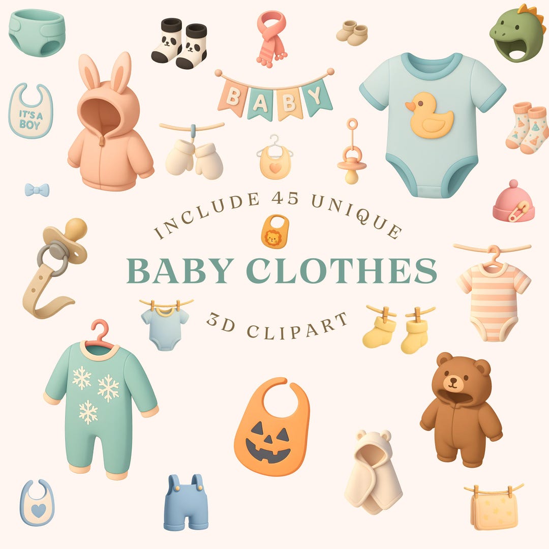 3D Baby Clothes Clipart Bundle: Isometric PNG Graphics (digital ...