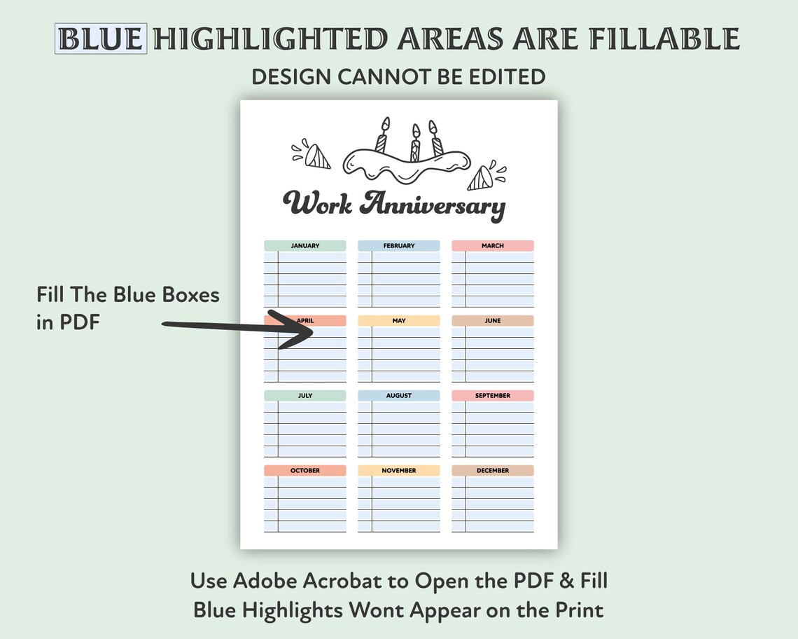 Editable Work Anniversary Tracker: Printable Employee Calendar (digital ...