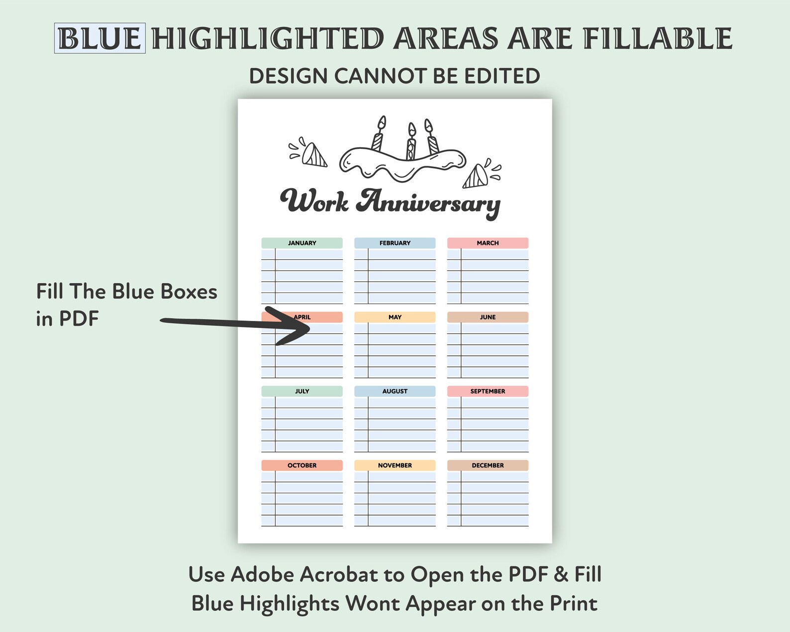 Editable Work Anniversary Tracker: Printable Employee Calendar (digital ...