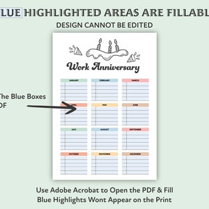 Editable Work Anniversary Tracker: Printable Employee Calendar (digital ...