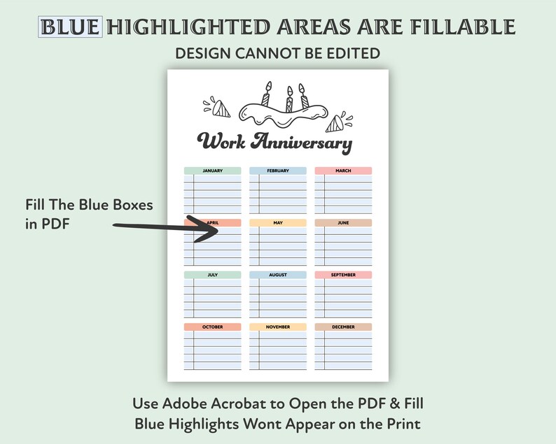 Editable Work Anniversary Tracker: Printable Employee Calendar (digital ...