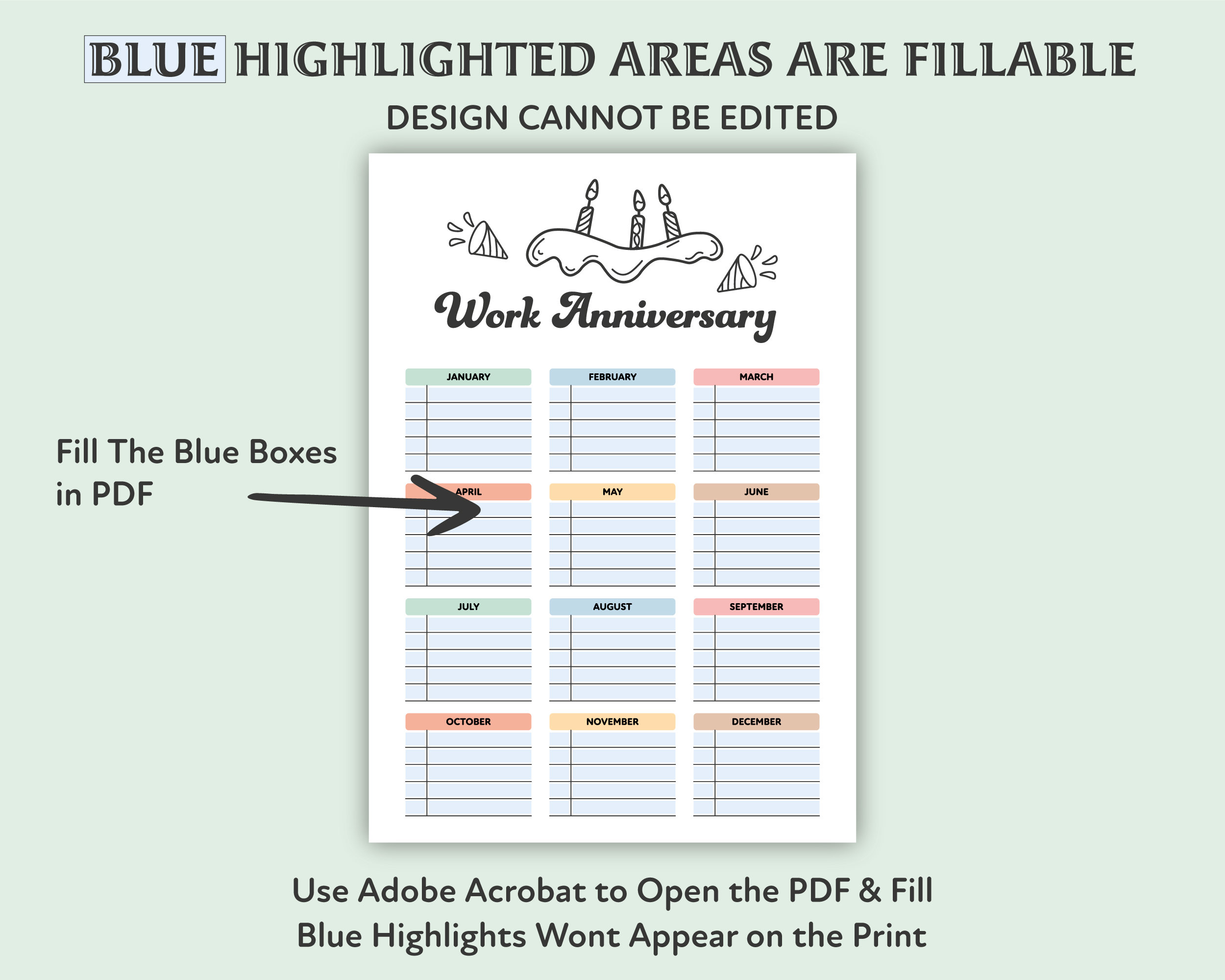 Editable Work Anniversary Tracker: Printable Employee Calendar (digital ...