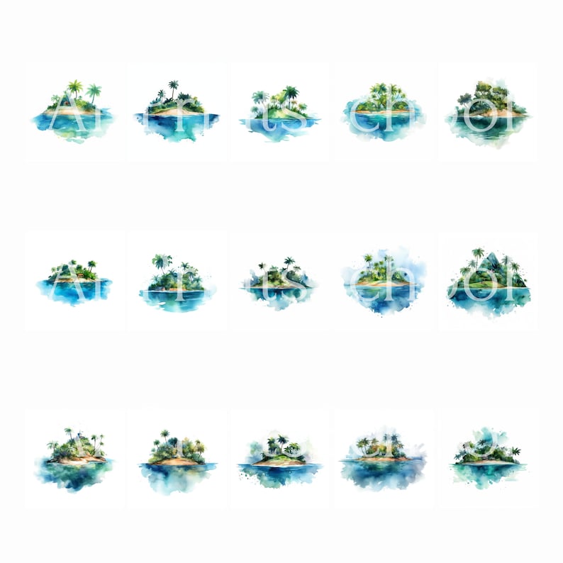 Watercolor Tropical Island Clipart: Beach Paradise PNG Bundle (digital ...