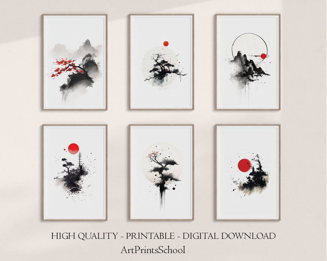 Japandi Landscape Prints: Abstract Japanese Flag Art, Set of 3 (digital ...
