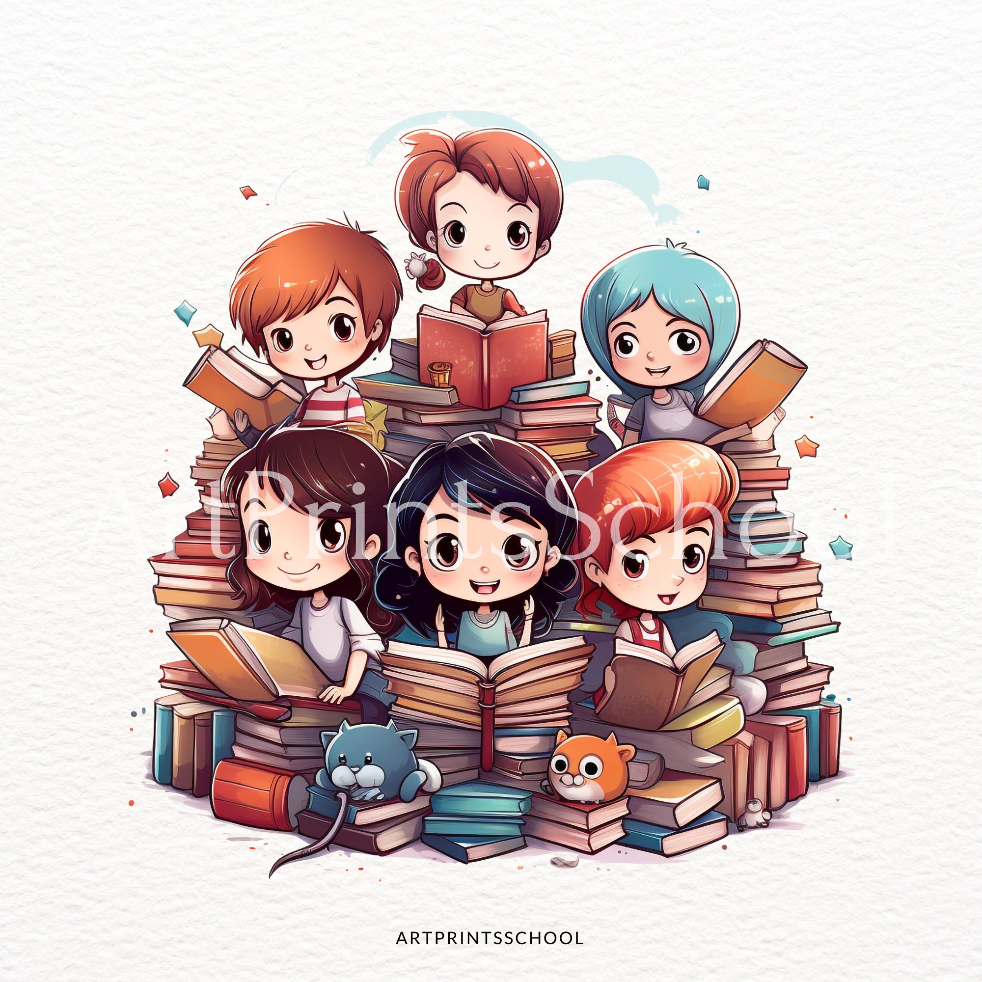 Kawaii Library Clipart: 15 Bookworm PNG Illustrations (commercial Use ...