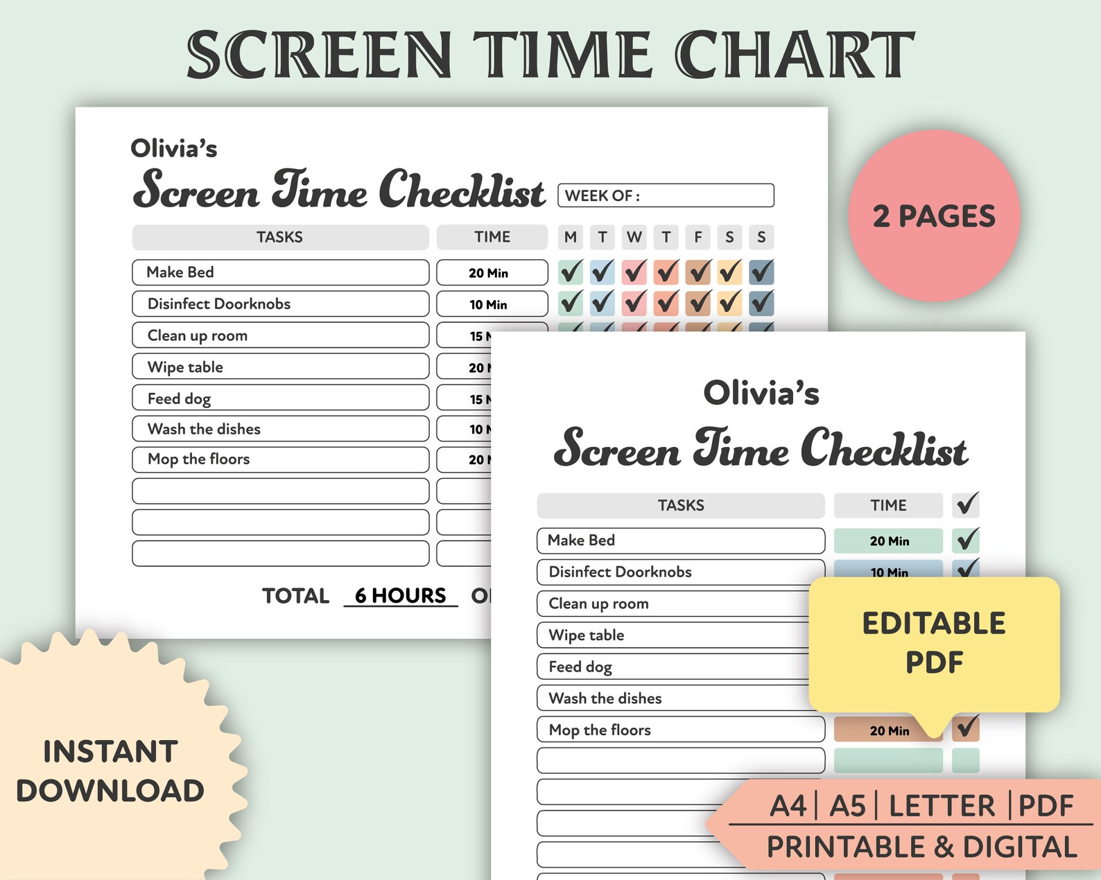 Editable Screen Time Chart Kids Printable Chore Chart for - Etsy