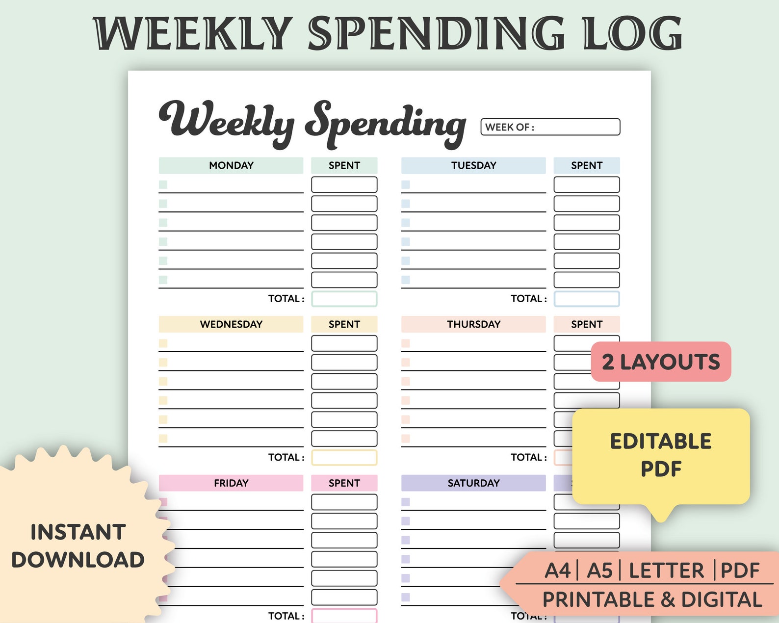Editable Weekly Spending Tracker: Printable Expense Log (A4, A5, Letter ...