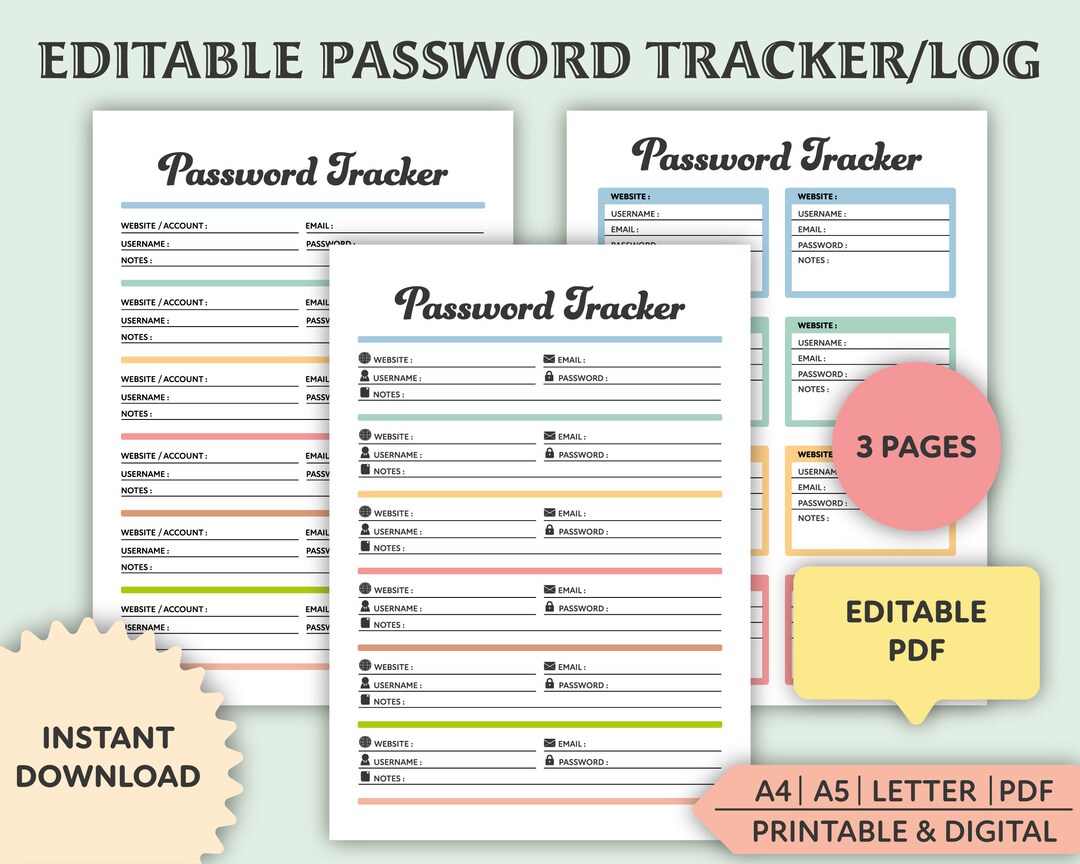 Editable Password Tracker, Printable, Password Log, Password Organizer ...