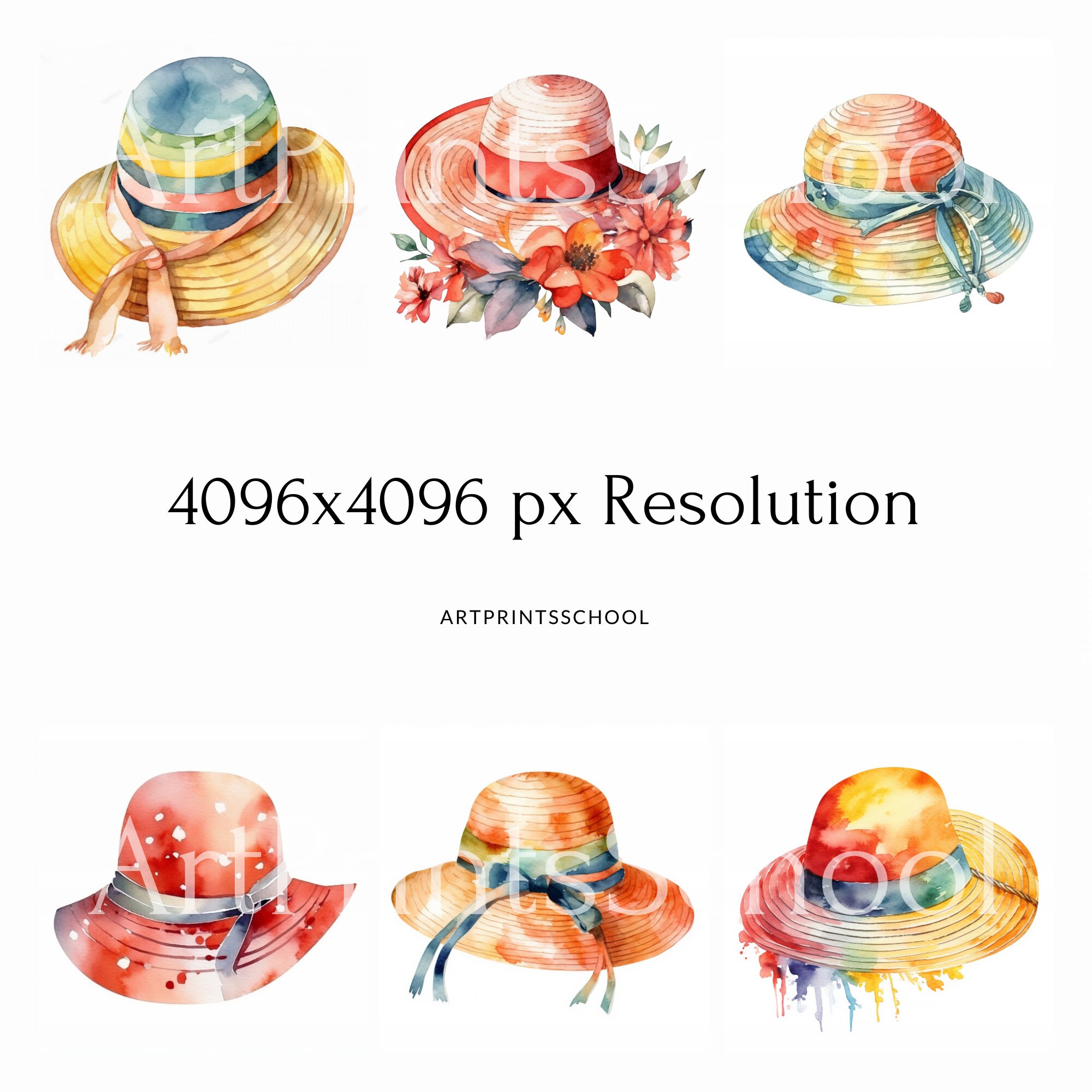 Watercolor Sun Hat Clipart: Colorful Floral Beach Hats (PNG Digital ...
