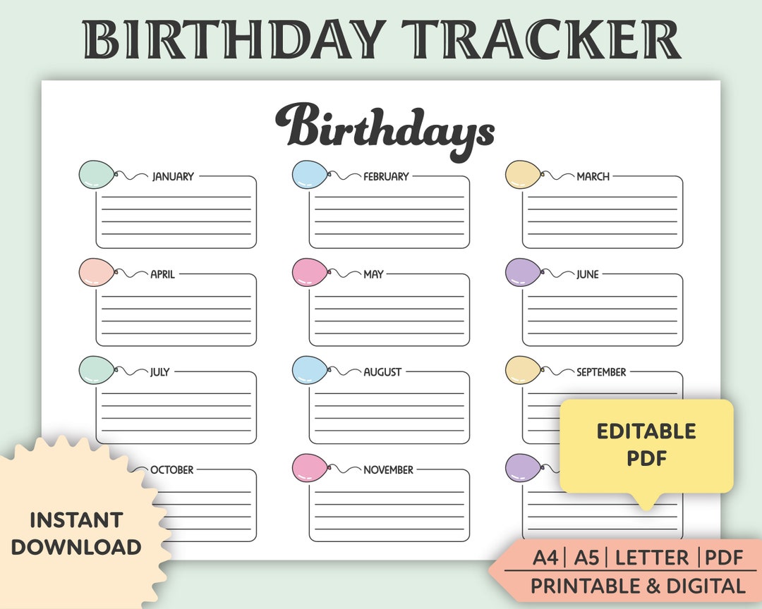 Editable Birthday Tracker Printable: Birthday Chart (digital Download ...
